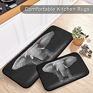 ALAZA Elephant Animal Black Non Slip Kitchen Floor Mat Set of 2 Piece Kitchen Rug 47 x 20 inches + 28 x 20 inches for Entryway Hallway Bathroom Living Roo