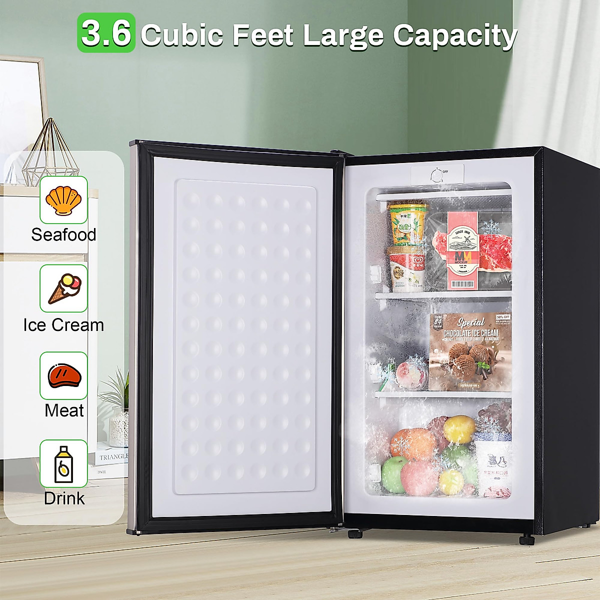 Upright Freezer 3.6 Cubic Feet, Mini Freezer with Removable Baskets, 3 Level Adjustable Temperature from -13°F to 23°F, Manual Defrosting, Reversible Stainless Steel Door, Suitable for Home, Silver