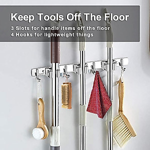 Zilvoran Mop And Broom Holder Wall Mount, Stainless Steel Mop Holder With Hooks, Brooms And Mops Tool Organizer For Closet Laundry Utility Room Garage (3 Racks & 4 Hooks)