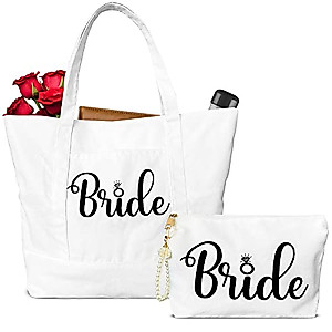Bride Tote Bag Makeup Bag, Tote Bags, Comes with Artificial Pearl Keychains Handbag, 12OZ Canvas Large Tote Bag Bride Bag, Wedding Gift Bag, Bride Tote, Bride Gift Bag