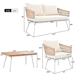 4-Piece Rope Patio Furniture Set, Outdoor Sofa with Acacia Wood Coffee Table, Patio Conversation Set with Deep Seating & Thick Cushion for Backyard Porch Balcony, Beige
