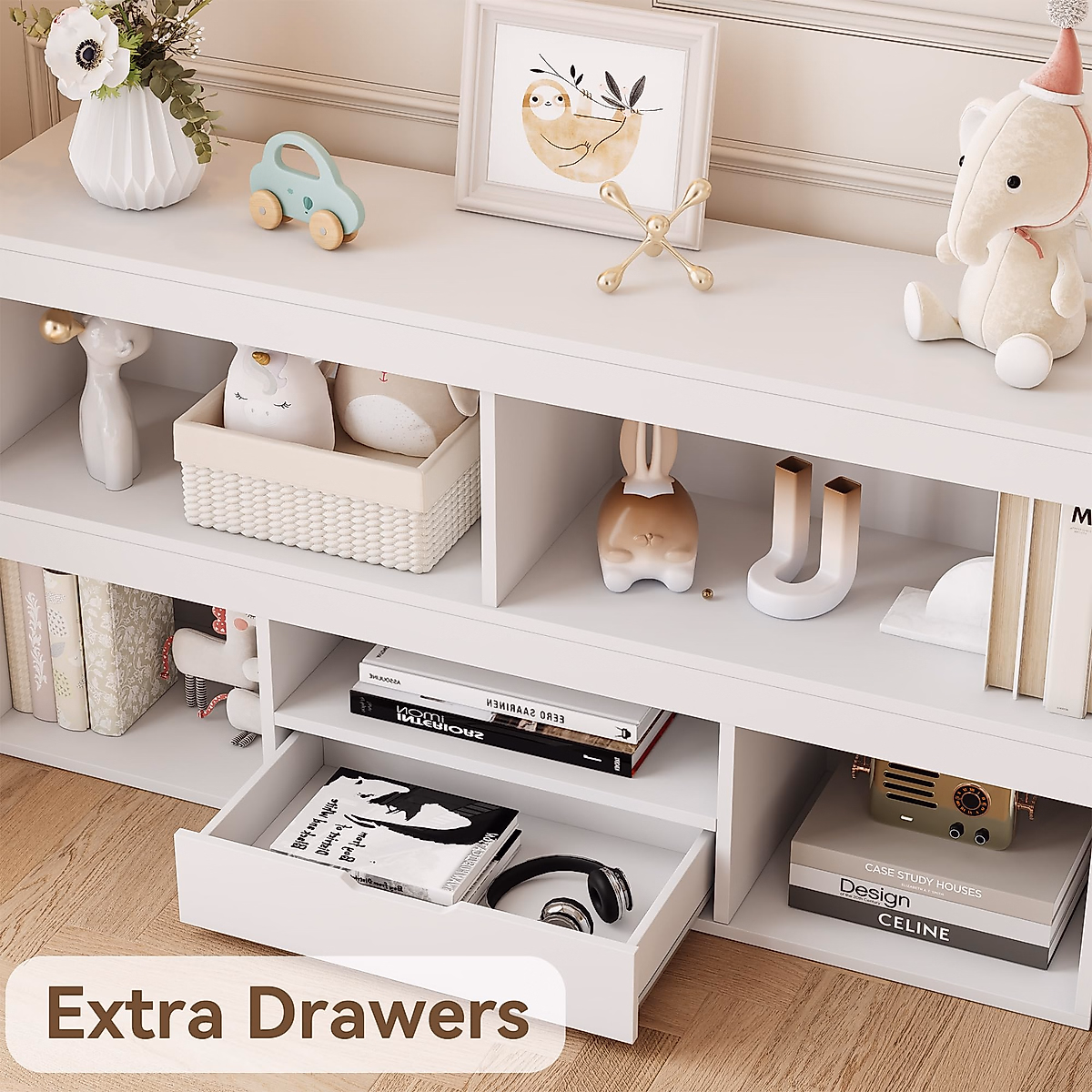 IDEALHOUSE Toy Storage Organizer 5 Cubes Kids Bookshelf with Drawer Wooden Storage Cabinet Playhouse Shelves Cabinet for Boys Girls Toy Bookcase Playroom, Classroom, Nursery, Kids Room