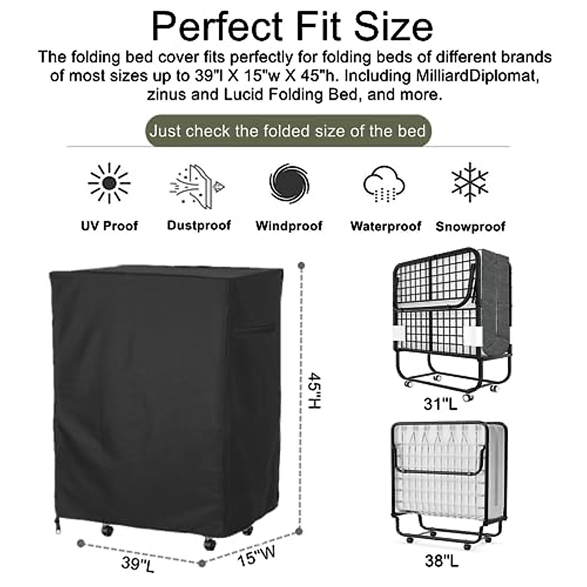 Folding Bed Storage Cover, Falezern 38 in Adjustable Rollaway Bed Cover, Waterproof and Dustproof, with Metal Zipper and Adjustable Drawstring, Thickened Storage Cover for Folding Cot Bed, Fold Up Bed