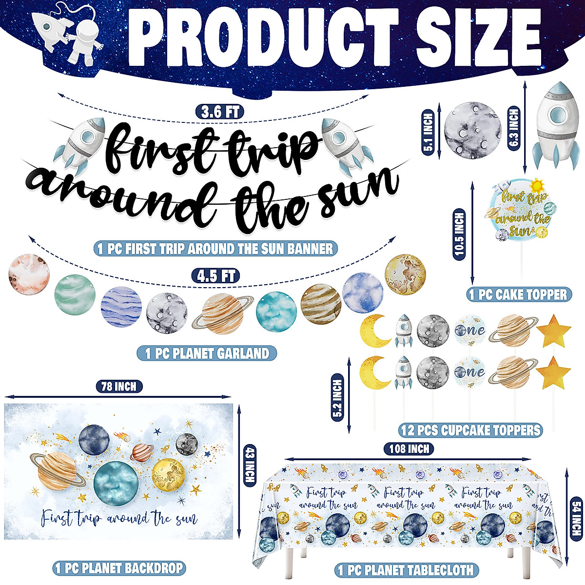 First Trip Around The Sun Birthday Party Decoration Pack, 1st Baby Shower Space Birthday Party Supplies Including Banner, Backdrop, Garland, Tablecloth, Felt Hat, Honeycomb, Cake Toppers, Latex and