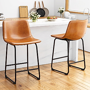 REONEY Bar Stools Set of 4, PU Leather Counter Height Bar Stools, 26" Modern Bar Stools with Metal Legs and Footrest, Urban Armless Dining Chairs with Backrest for Kitchen Island (Brown)