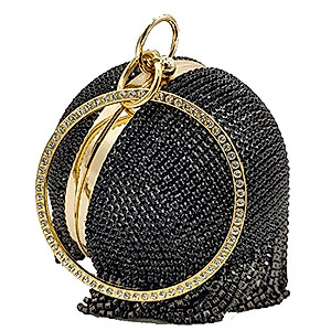 Women Round Ball Crysal Clutch Purses Wedding Handbag Dazzling Full Rhinestone Tassles Ring Handle Evening Bag (MIL1248 Black) Small