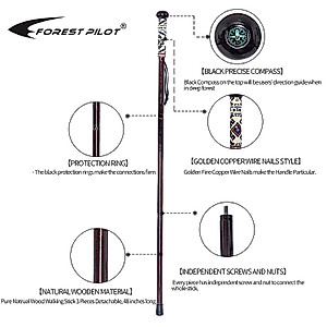 FOREST PILOT 3 Pieces Detachable Hardwood Walking Stick Flat Wooden Ball Head with a Compass (Dark Rose Color, 48 Inches, 1 Piece)…