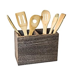 Double Torched Wood Kitchen Cooking Utensil Holder | 2 Compartment Large Caddy | Organizer Box with Slide-Out Bottom Panel by Farwood Designs