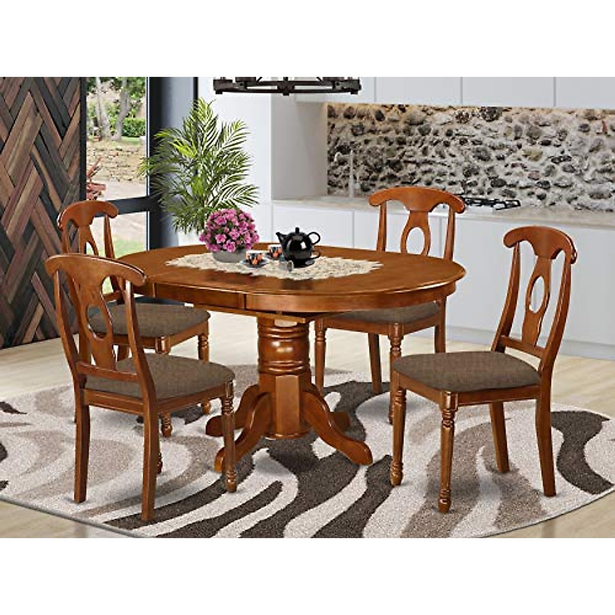 East West Furniture Avon 5 Piece Set for 4 Includes an Oval Table with Butterfly Leaf and 4 Linen Fabric Kitchen Dining Chairs, 42x60 Inch, Saddle Brown