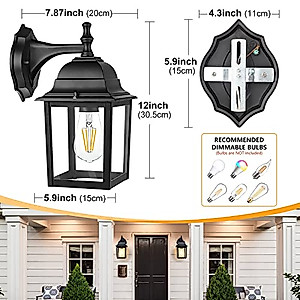 FOLKSMATE Outdoor Wall Light Fixture, Exterior Waterproof Wall Lantern, Wall Mounted Porch Lights with Glass Shade, E26 Socket, Black Outdoor Lights for Patio, Front Door, Garage, Entryway, 2-Pack