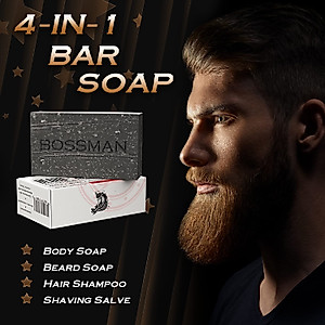 Bossman Men's Bar Soap 4 in 1 Beard Wash, Shampoo, Body Wash and Conditioner, 4 oz