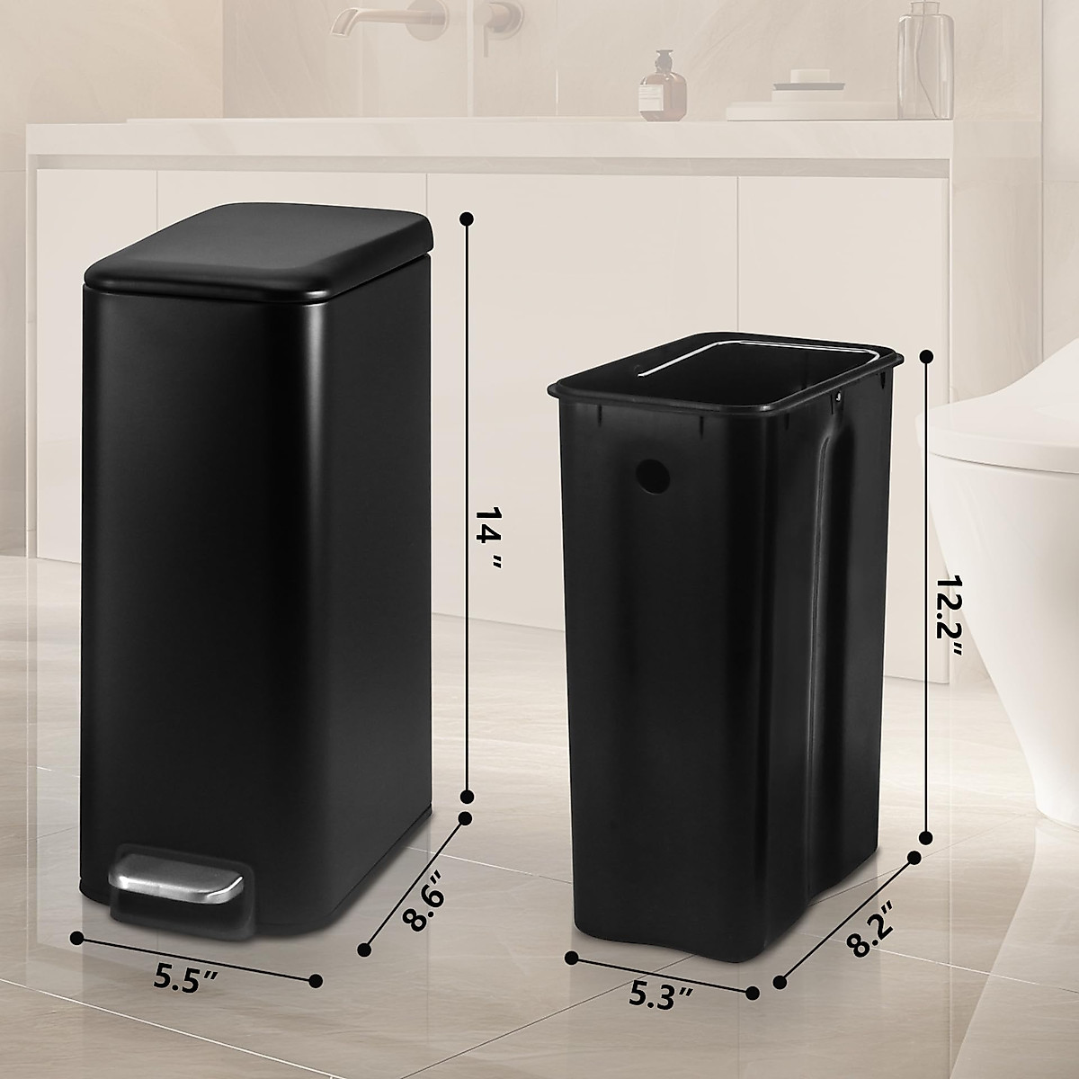 EmoH Small Bathroom Trash Can with Soft Close Lid, Step Pedal, 8 Liter / 2.1 Gallon Stainless Steel Garbage Can with Removable Inner Bucket, for Dorm Room,Bedroom, Home Office, Toilet, RV(Black)