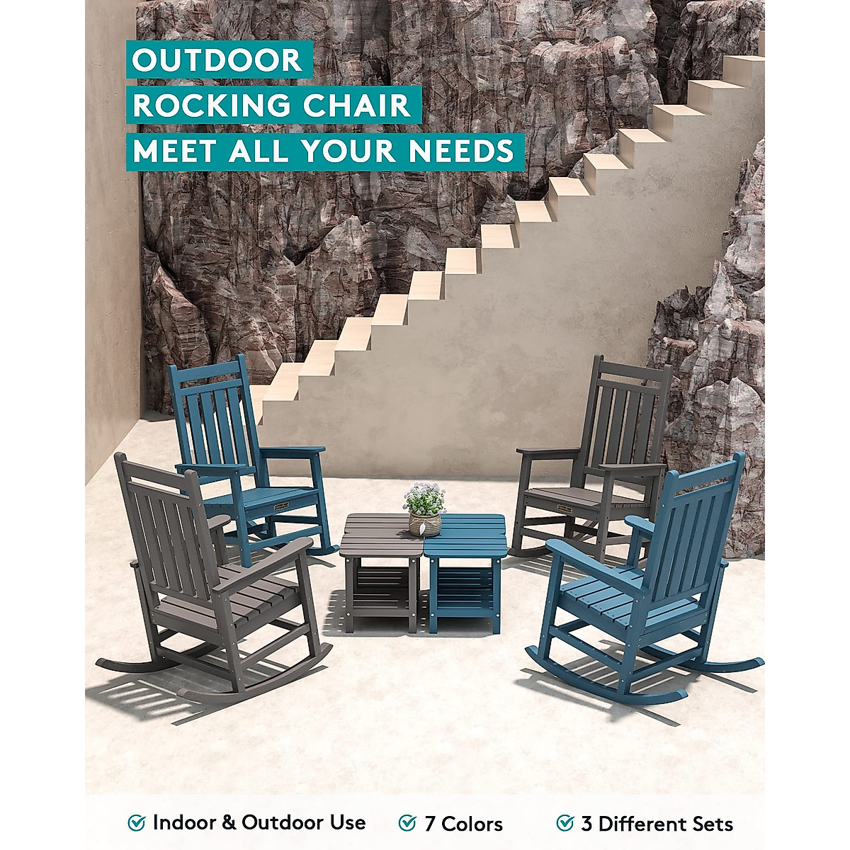 SERWALL HDPE Outdoor Rocking Chair, HDPE Rocking Chair for Adult, Blue