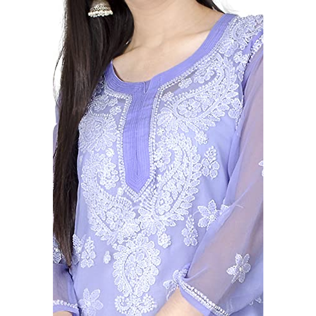 Chandrakala Hand Embroidered Chikankari Kurti for Women Faux Georgettte Semi Transparent Indian Ethnic Tunic Dress,X-Large (K161PUR4) Purple