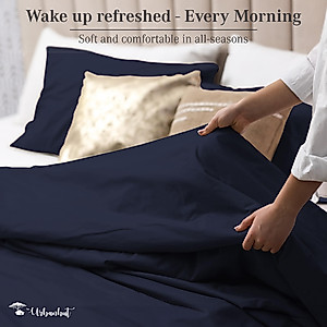 URBANHUT Queen Size Duvet Cover Set (3Pc),100% Cotton 400 Thread Count, Luxury Sateen Weave Quilt Cover, Soft & Breathable Comforter Cover with Hidden Button Closure and 2 Pillow Cases - Navy Blue