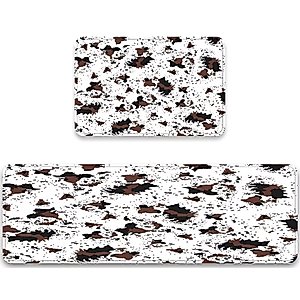 Cow Print Kitchen Rug Set of 2 Comfort Floor Mats Western Brown Cowhide Farm Animal Country Farmhouse Vintage Cushioned Door Mat Anti Fatigue Non Skid Washable Bathroom Runner Rugs Area Carpet