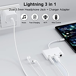 UWECAN iPhone Headphone Jack Adapter, 3 in 1 Dual 3.5 mm Headphone Audio Aux Jack + Charger Adapter Dongle Cable Splitter Compatible with iPhone 14/13/ 12/11/ X/ 8/ iPad - Support All iOS