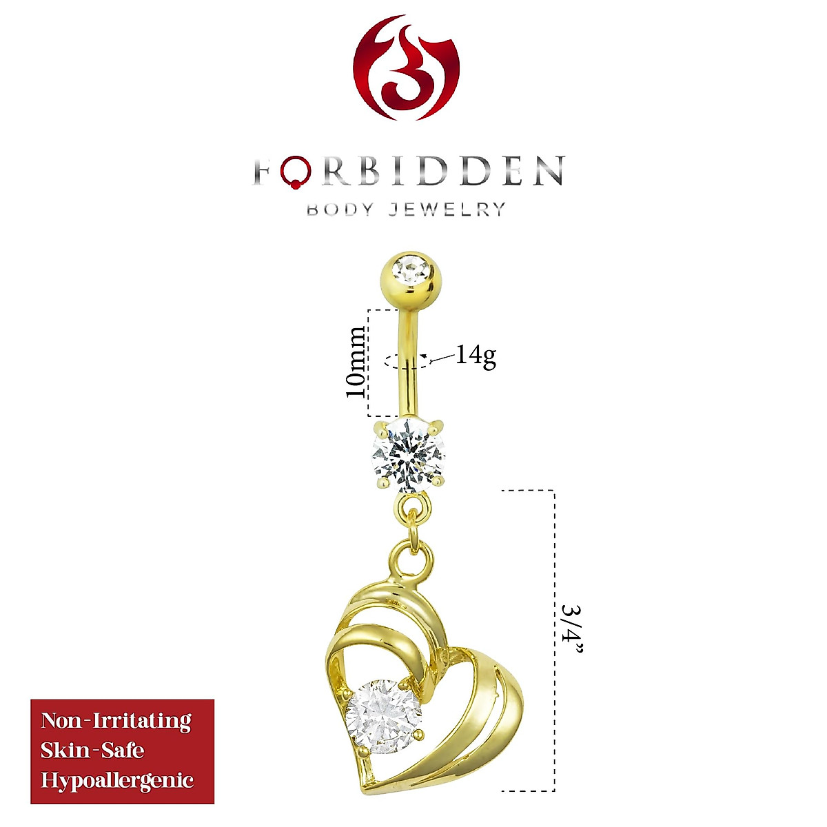 Forbidden Body Jewelry 14kt Gold Plated Surgical Steel CZ Simulated Diamond Double Heart Dangle Belly Button Ring