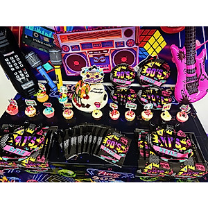 HJINGY 90s Party Decorations 80's 90's Theme Party Bundle includes Inflatable Gitar&Mobile Phone, Back To The 90's Banner, Tablecloth, Cake Toppers, Plates, Napkins, Hip-Hop Backdrop