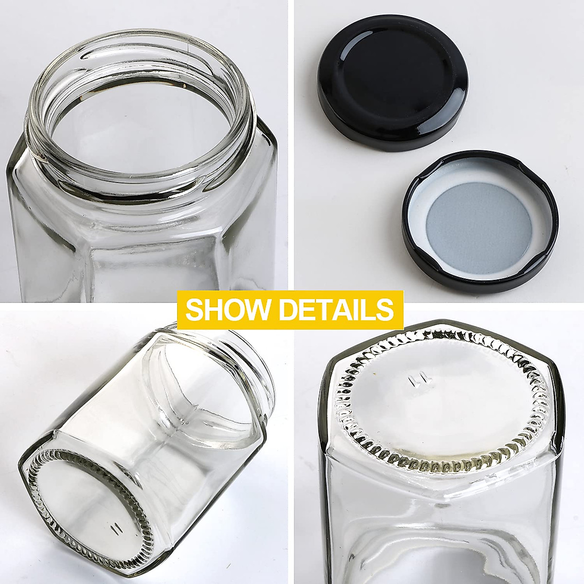 Woaiwo-q 6 oz Hexagon Glass Honey Jars, Glass Jars with Black Lids,Bronzy Bee Pendants,Wooden Honey Sticks,Small Tags,1.5m Jute Twine -Clear Hexagon Jars for Honey,Jams, Liquid.(25 Pcs)…