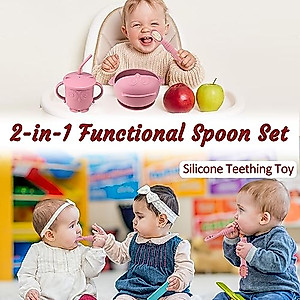 Silicone Baby Feeding Set, 13 PCS Baby Led Weaning Supplies with Suction Baby Plate and Bowl Set, Baby Spoon and Fork, Adjustable Bib, Sippy Cup with Straw and Lid, Baby Utensils for 6+ Months（Pink）