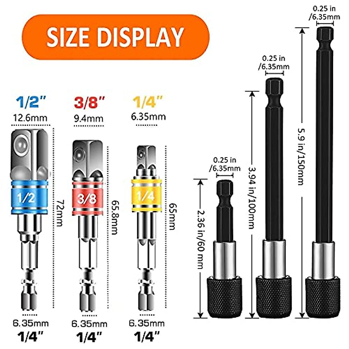 Flexible Drill Bit Extension Set 14 Pcs,Hex Shank Drill Bit Holder Extension Set 3 Pcs,90°105°Right Angle Drill Bit Attachment,1/4 3/8 1/2"Impact Driver Rotatable Socket Adapter & Screwdriver Bit Set