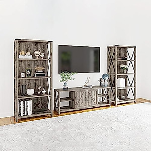 AMERLIFE 4-Tier Bookshelf, Set of 2 Tall Industrial Book Shelf, Rustic Wood & Metal X Frame Farmhouse Bookcase & Bookshelves, for Living Room, Bedroom, Grey Wash