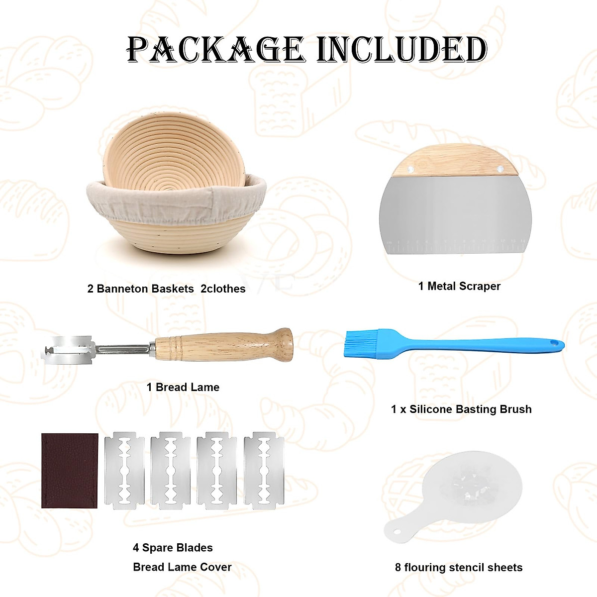 Unihopper Bread Proofing Basket Set of 2,9 Inch Round Sourdough Bread Baskets Bowls with Bread Lame Bread Making Tools Supplies for Sour dough Baking Fermentation