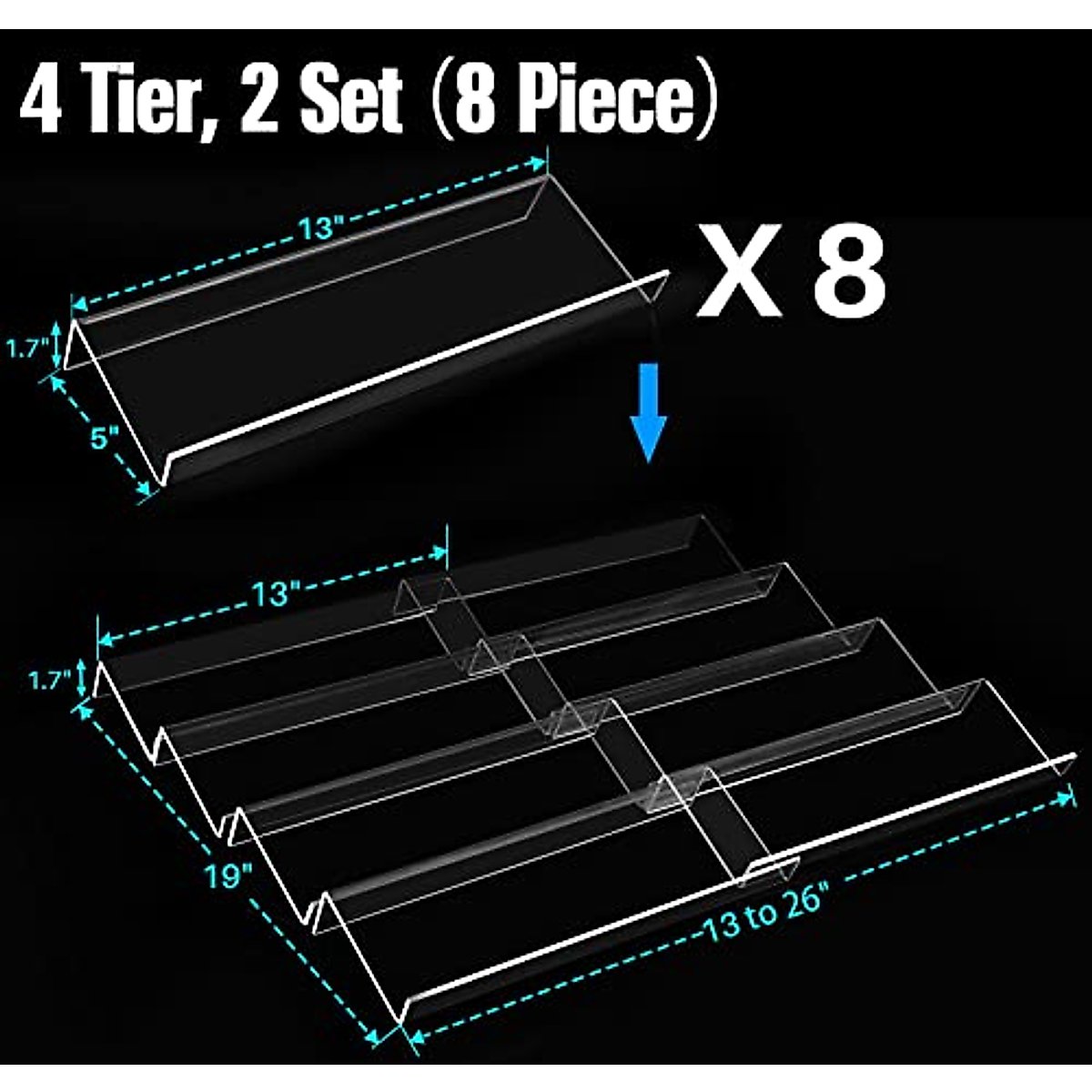 Spice Drawer Organizer, 4 Tiers 2 Set Clear Acrylic Slanted in Drawer Seasoning Jars Insert, Expandable From 13" to 26", Hold up 56 Spice Jars Kitchen Drawer Countertop Rack Tray (Jars not Include)