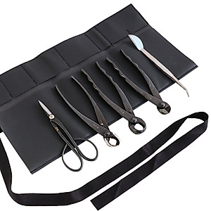 Wazakura Made in Japan 5PCS Bonsai Tool Kit with Roll Bag: Yasugi Steel Satsuki Bonsai Scissors, Concave Branch Cutter, Knob Cutter, Wire Cutter, Tweezers - 5 Tools Satsuki Set with Case