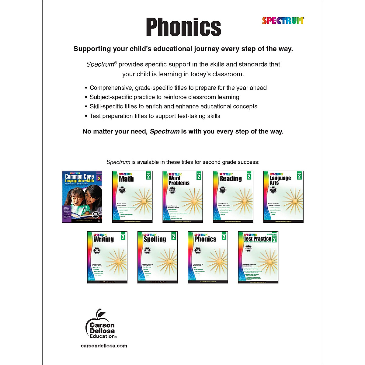 Spectrum Phonics Grade 2, Ages 7 to 8, Grade 2 Phonics Workbook, Blends, Consonants, Vowel Sounds and Pairs, Letters, Words, and Sentence Writing Practice - 160 Pages