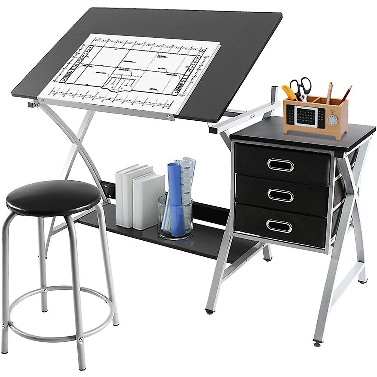Yaheetech Drafting Desk, Drawing Table for Artists/Adults, Art Desk w/Stool and 3 Slide Drawers, Painting Studio Design Work Station, Adjustable Tabletop