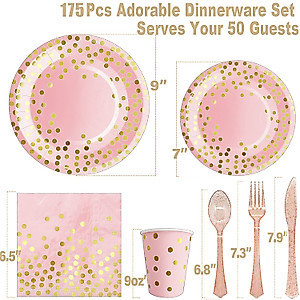 175PCS Pink Rose Gold Plates Napkins Party Supplies, Severs 25 Disposable Party Pink Plates, Plastic Forks Knives Spoons, Golden Dot Paper Plates, Napkins Cups for Baby Shower Decorations Pink Party