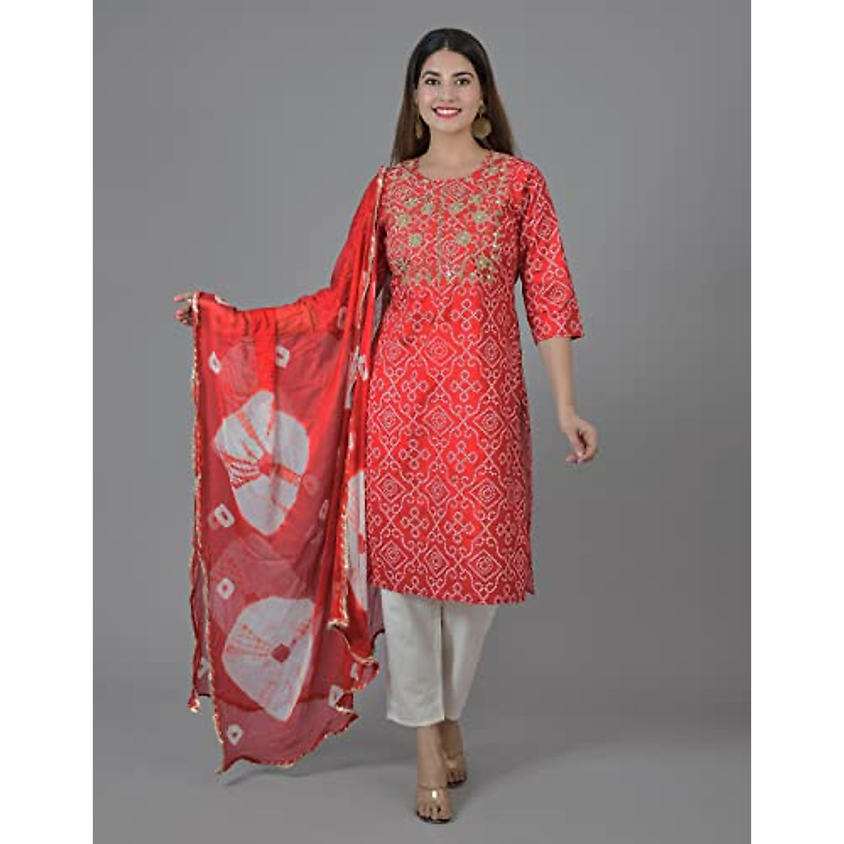 Vrnda Women's Cotton Straight Bandhej Printed kurta With Yoke Embroidery Red Kurti with White Pant and printed Dupatta Set (L)
