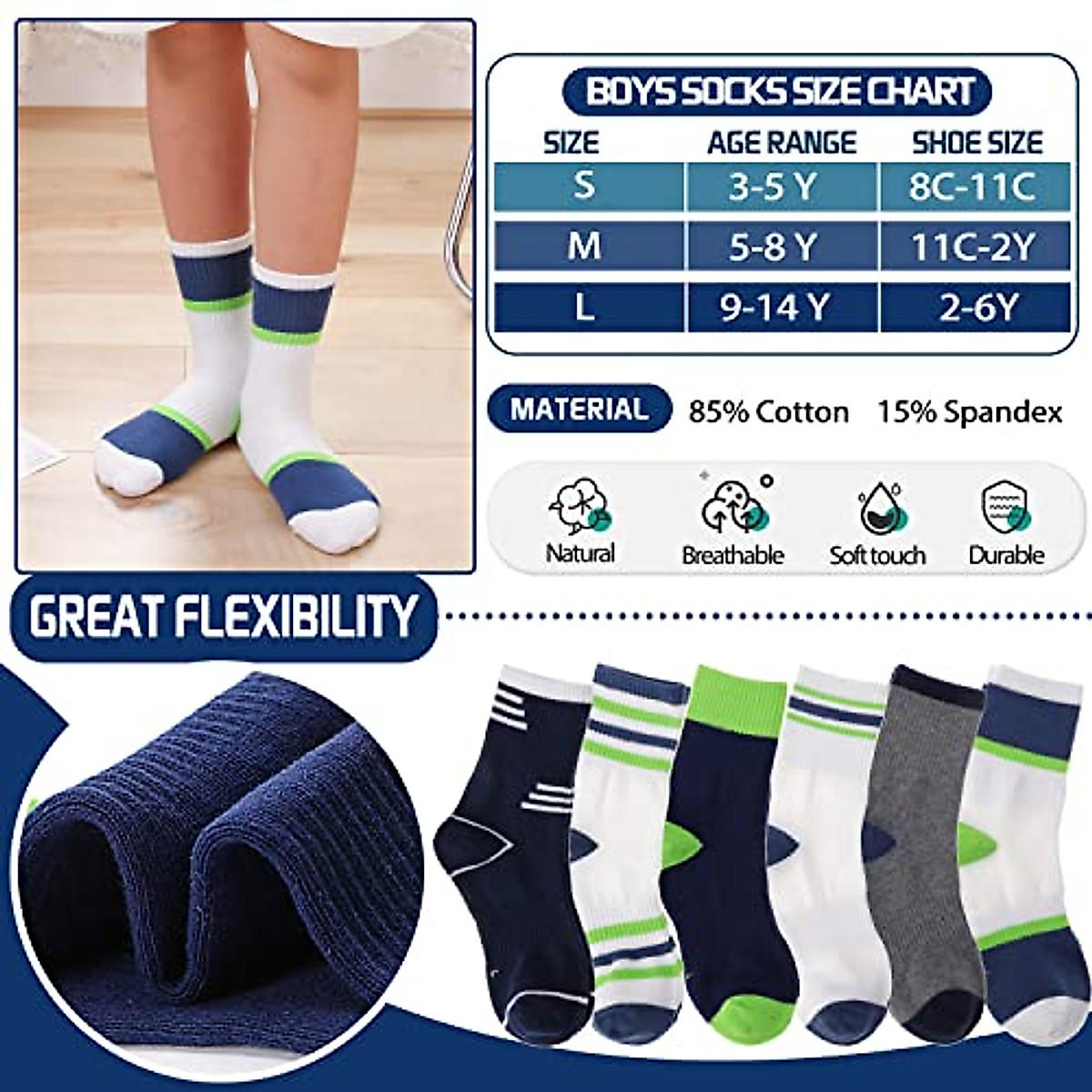 Welwoos Kids Boys Socks Athletic Sport Crew Cotton Breathable Soft Gift Socks 6 Pairs Stocking Stuffers (Splice/Green/White,9-15Y)