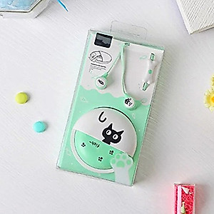 QearFun Stereo 3.5mm in Ear Cat Earphones Earbuds with Microphone with Earphone Storage Case for Smartphone MP3 iPod PC Music (Green)