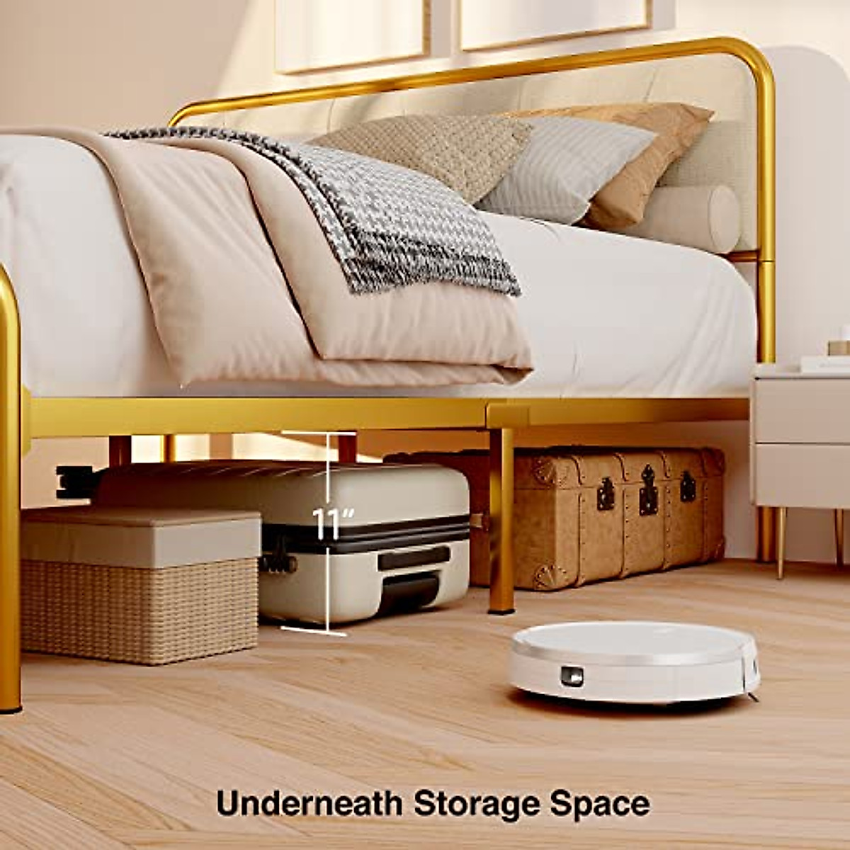 Gizoon Queen Size Bed Frame, Platform Bed Frame with Upholstered Headboard, Golden Heavy Duty Metal Mattress Foundation & Steel Slats, Sturdy, Noise Free, No Box Spring Needed (Beige)