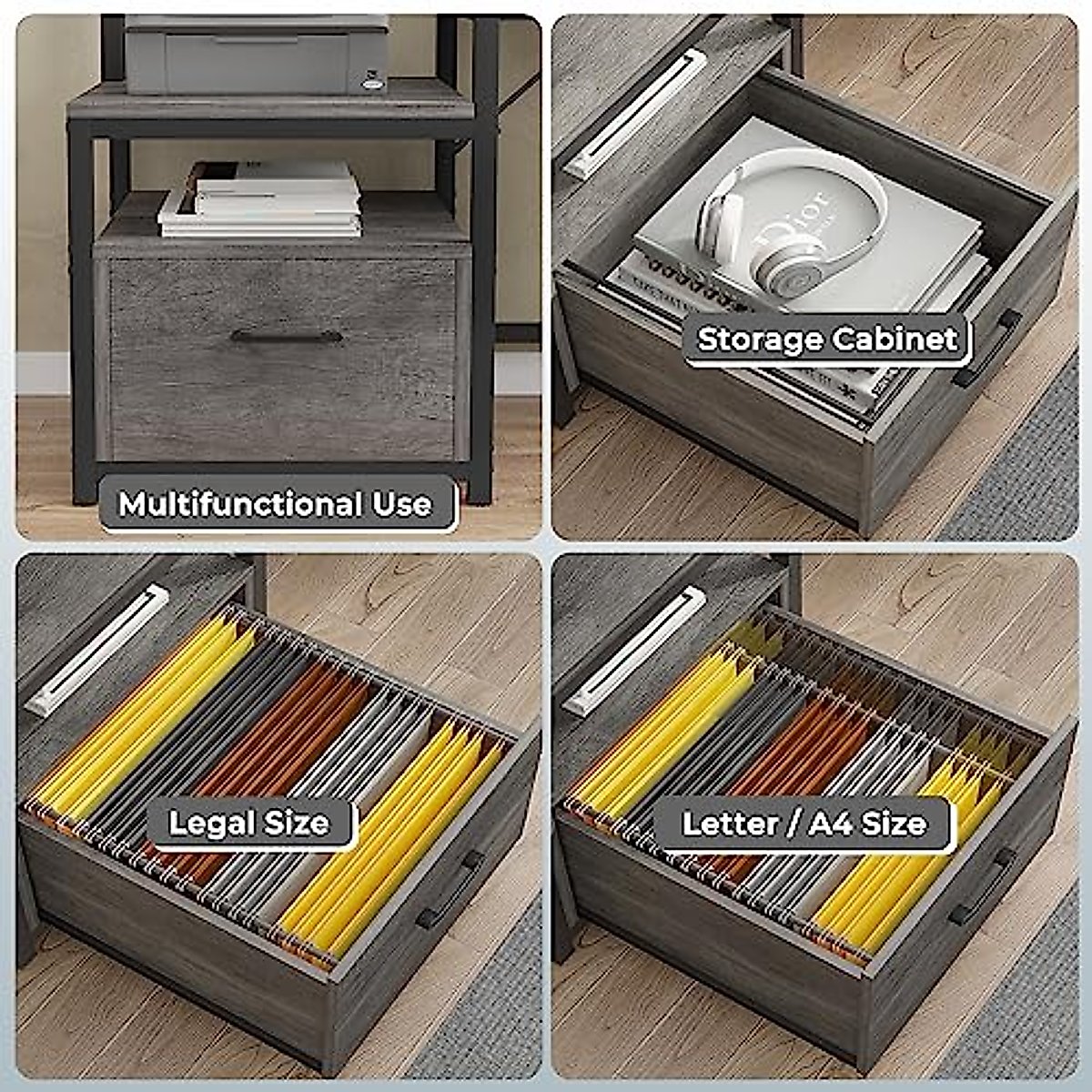 SEDETA L Shaped Desk, 66" Home Office Desk with File Drawer & Power Outlet, Gaming Desk with Led Lights, Corner Computer Desk with Monitor Shelf, Printer Storage Shelves, Two Person Desk, Grey