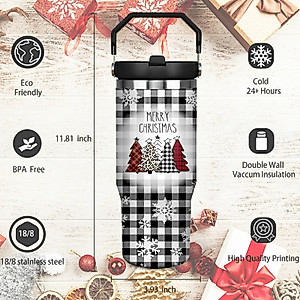 30oz Christmas Tumbler with Handle and Straw, Stainless Steel Vacuum Insulated Flip Straw 30 oz Christmas Tree Coffee Tumbler, Spill Proof Travel Mug, Merry Christmas Decor Gifts for Women