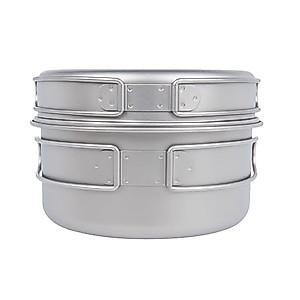 iBasingo Titanium Cookware Camping 1000ml Pot 500ml Pan Set with Folding Handle Outdoor Cooking Bowls Ultralight Picnic Hiking Backpacking Tableware for 1 Person Ti2042C