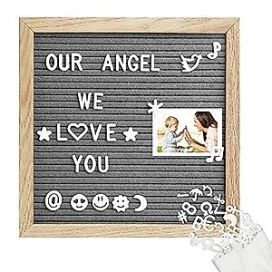 10x10" Grey Felt Letter Board with 350 Changeable Letters and Stand, Oak Frame Message Board Announcement Board for Home Decoration, Office, Farmhouse