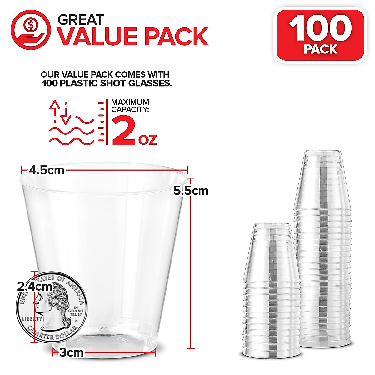 Stock Your Home 2 oz Shot Glasses - 100 Mini Plastic Shot Glasses (2oz) Clear Disposable Cups for Jello Shots, Wine Tasting, Liquor, Whiskey, Pudding, Sample Cup for Halloween and Elegant Parties