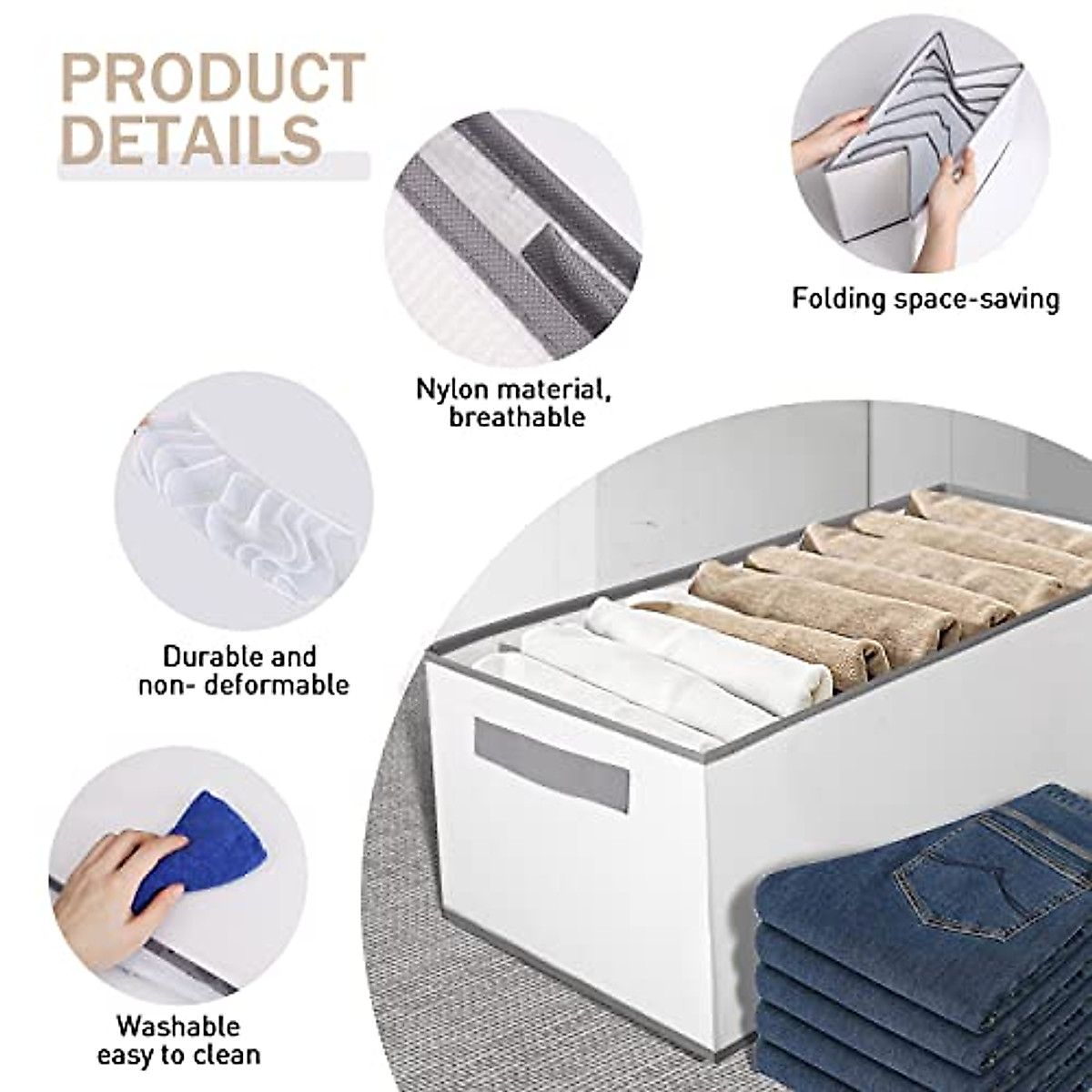 Cloth Drawer Organizer Foldable Closet Dividers Nylon Pants Clothes Storage Box Fabric Dresser Compartments for Jeans Tshirt Clothing Organization, 2 Pack. (Gray 7 Cells-2pack)
