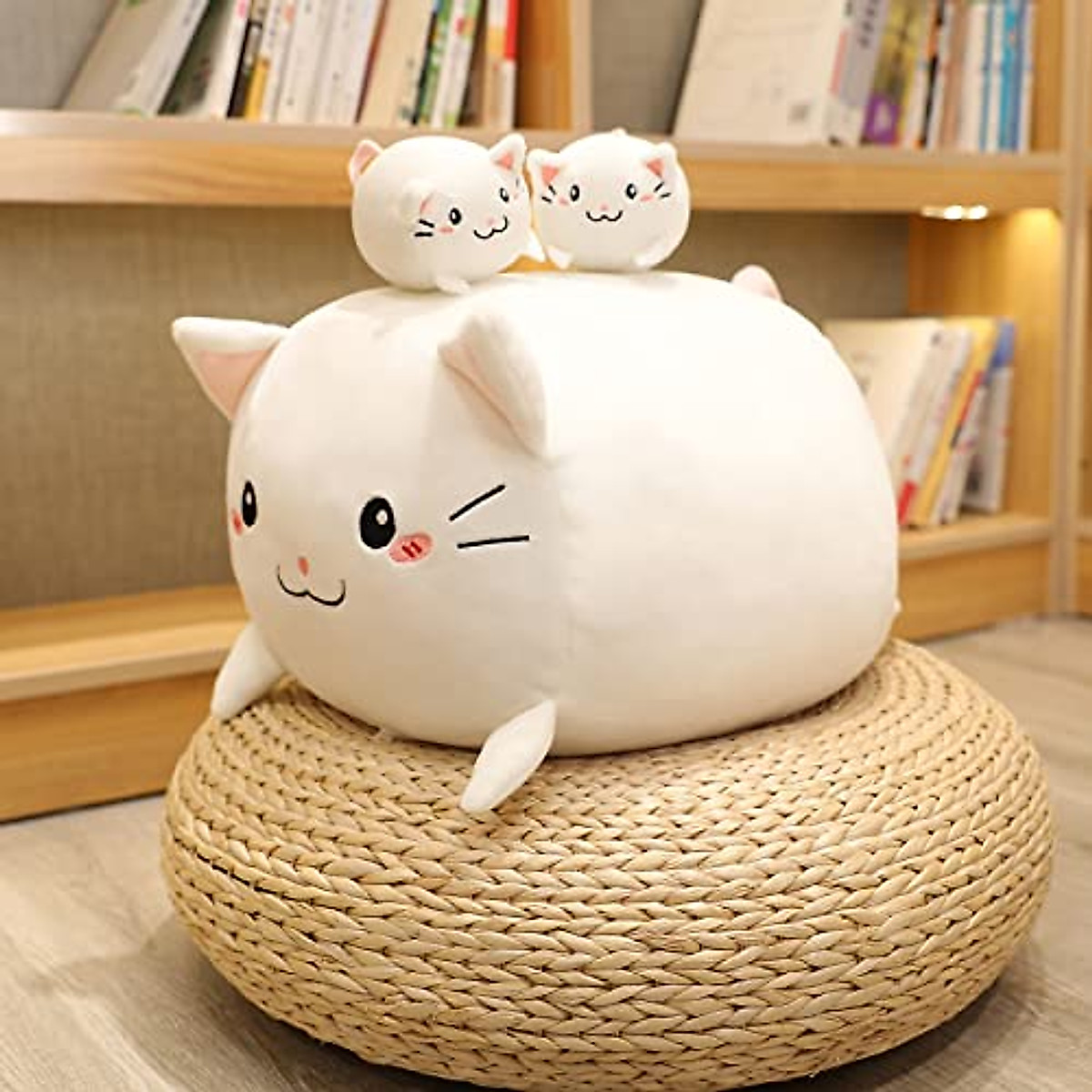 SQEQE Cute Cat Plush Toy with 4 Baby Plush Kitties in her Tummy, Stuffed Cotton Plush Animal Toy Gift for Kids