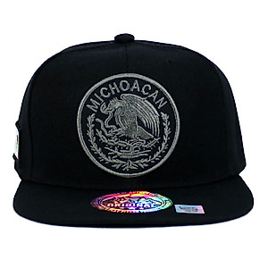 Mexican Hat Mexico State Federal Logo Embroidered Snapback Flat Bill Baseball Cap (Michoacan- Black/Gray), Large-X-Large
