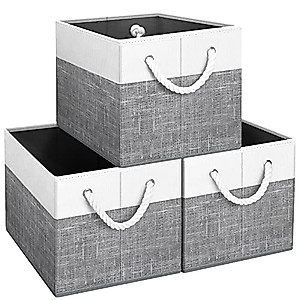 Fab totes Storage Bins [3-Pack], Foldable Storage Baskets for Organizing Toys, Books, Shelves, Closet, Large Storage Box with Rope Handles, Sturdy Organizer Bins, White & Grey