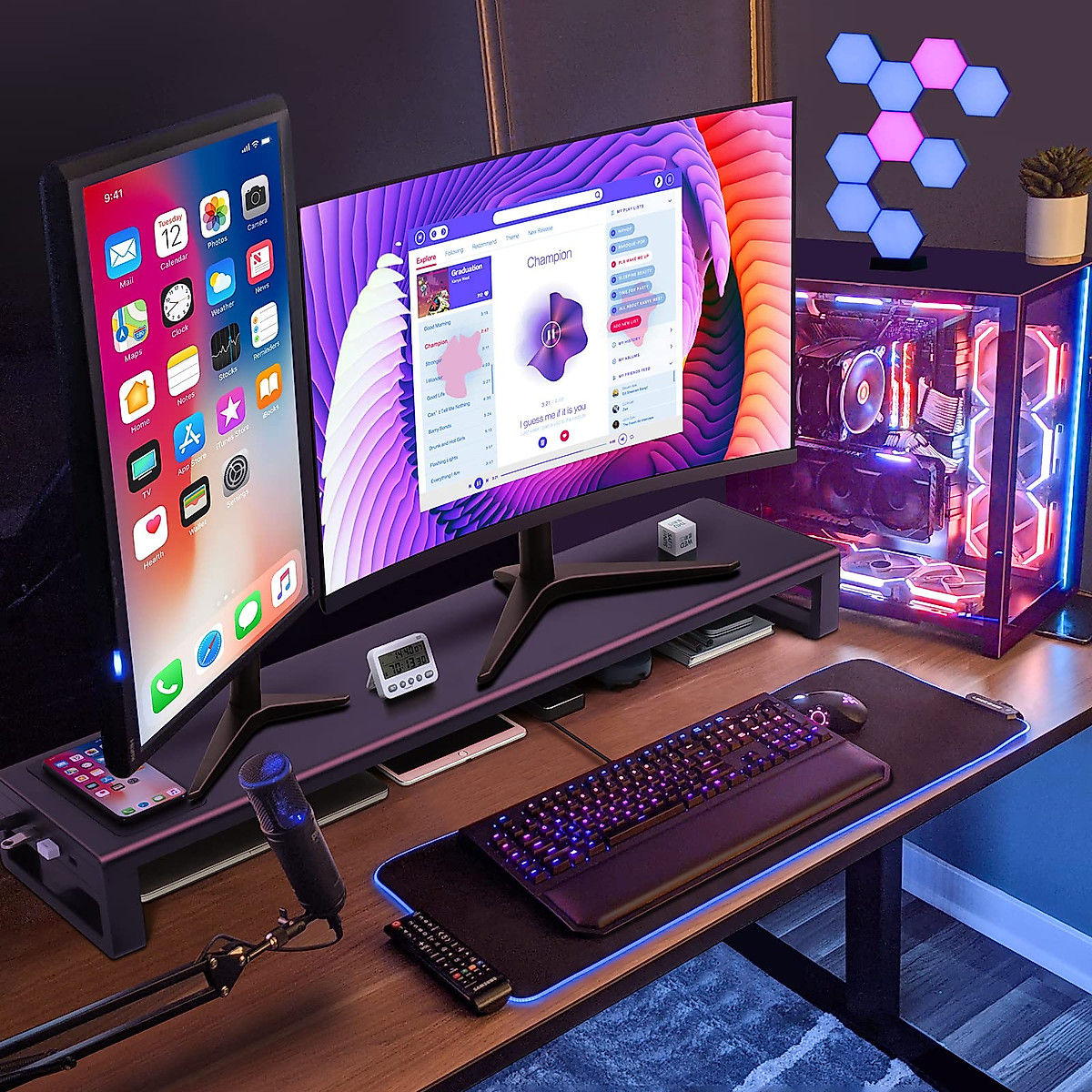 Vaydeer Dual Monitor Stand, Double Monitor Riser with Wireless Charger and 4 USB 3.0 Hub Ports, Metal Desk Raiser for 2 Monitors, PC Screen iMac Studio Display Gaming Office Work Space Saver Organizer