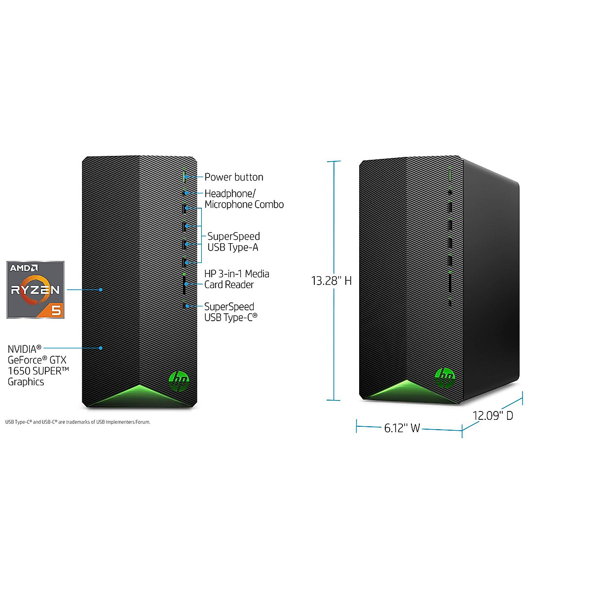 HP Pavilion Gaming Desktop PC Computer, AMD Ryzen 5 4600G, GTX 1650 Super, 16GB RAM, 1TB SSD, WiFi, Bluetooth, HDMI, Windows 10 Home