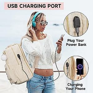 Backpack for Teens Girls, 15.6 Inch Cute Corduroy College School Computer Bookbag with USB Charging Port, TSA Lightweight Soft Travel Backpack Aesthetic Purse Bag for Women Nurse Teacher Work, Beige