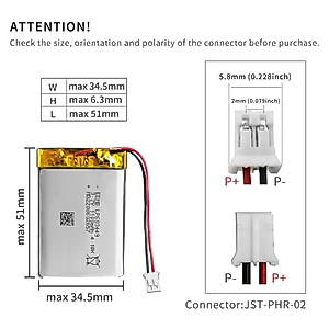 EEMB Lithium Polymer Battery 3.7V 1100mAh 603449 Lipo Rechargeable Battery with Wire JST 2.0mm Connector for Speaker and Wireless Device- Confirm Device & Connector Polarity Before Purchase